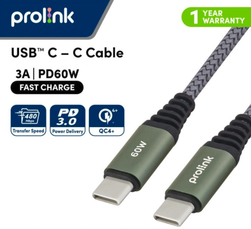 Kabel Charger Prolink GCC-60-01 USB-C to USB-C 1M 60W 3A 480 Mbps