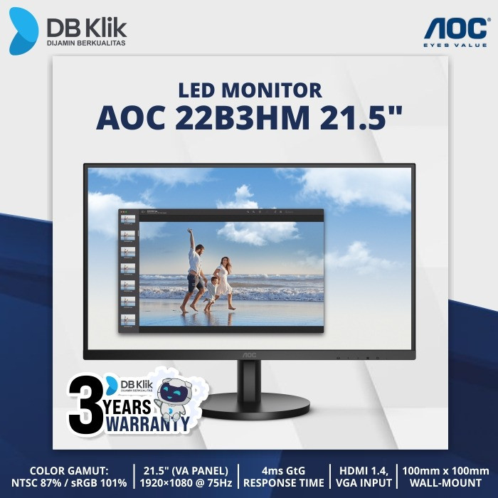 Jual LED Monitor AOC 22B3HM 21.5 Inch VA 75Hz Hdmi Vga - 22B3HM ...