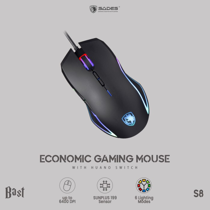 Mouse Gaming SADES Bast S8 Macro RGB 6400DPI Wired