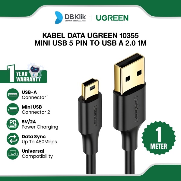 Kabel Data UGreen Mini USB 5 Pin to USB A 2.0 - Black 1M (10355)
